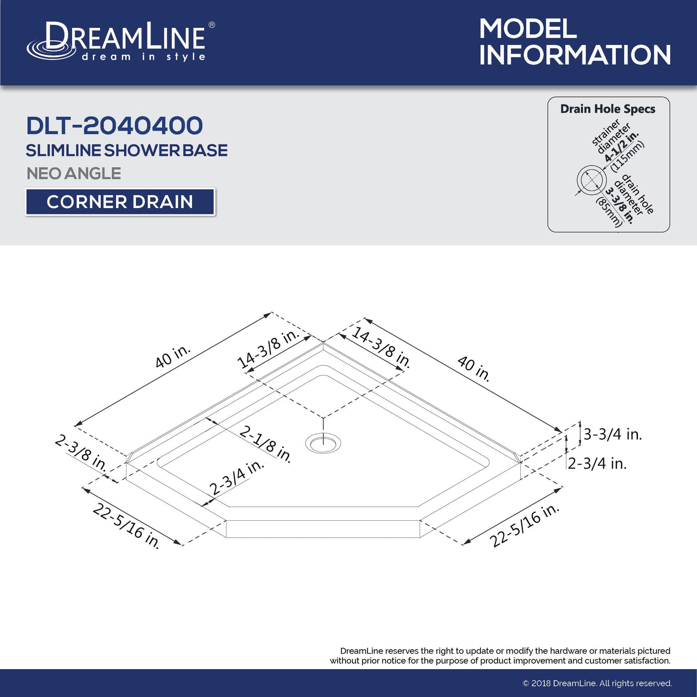 DreamLine DL-6042C-01 40"x40" Neo-Angle Shower Base and QWALL-2 Acrylic ...