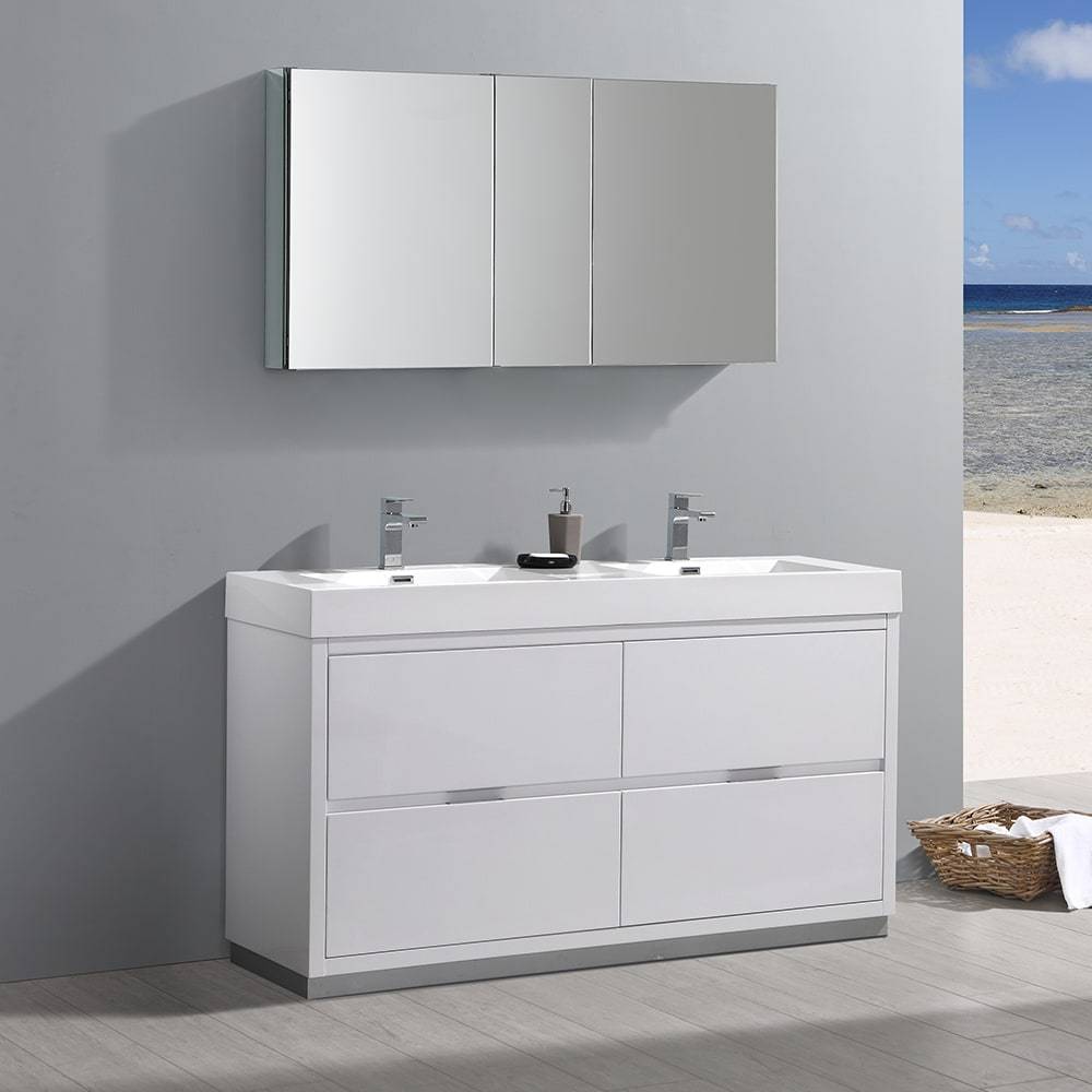 Fresca Valencia 60 Free Standing Double Sink Modern Bathroom Vanity w Medicine Cabinet Glossy White